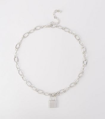Silver Padlock Pendant Chunky Chain Necklace