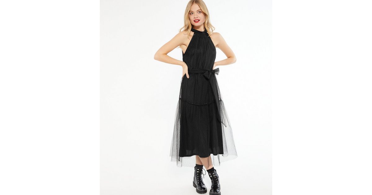 Black Spot Mesh Halter Midi Dress New Look