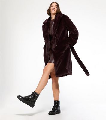 Dark Brown Faux Fur Belted Long Coat | New Look