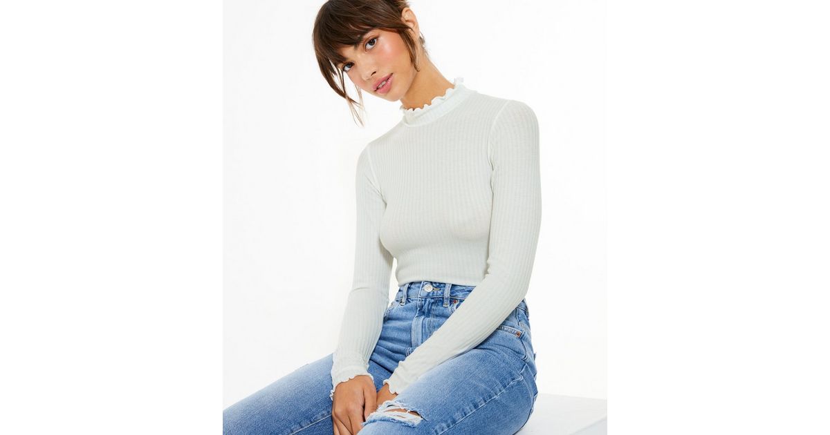 Off White Ribbed High Frill Neck Bodysuit | New Look