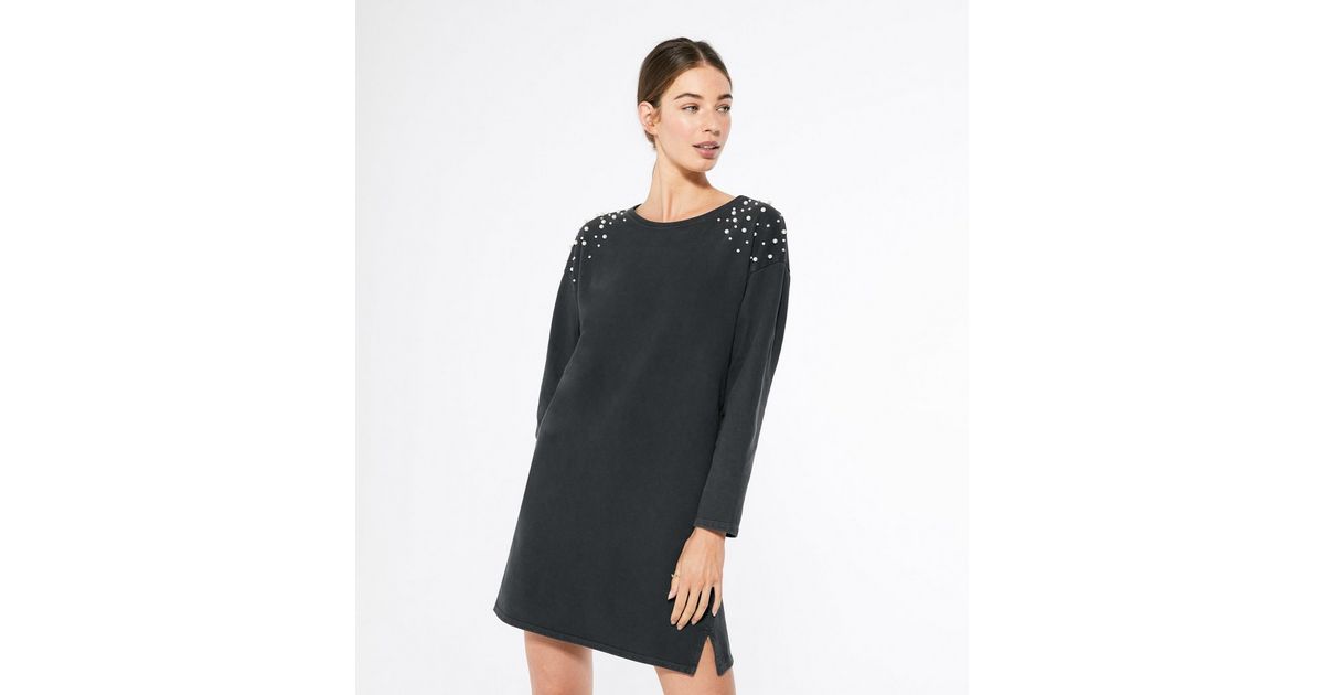 Dark Grey Faux Pearl Embellished Sweatshirt Dress | New Look