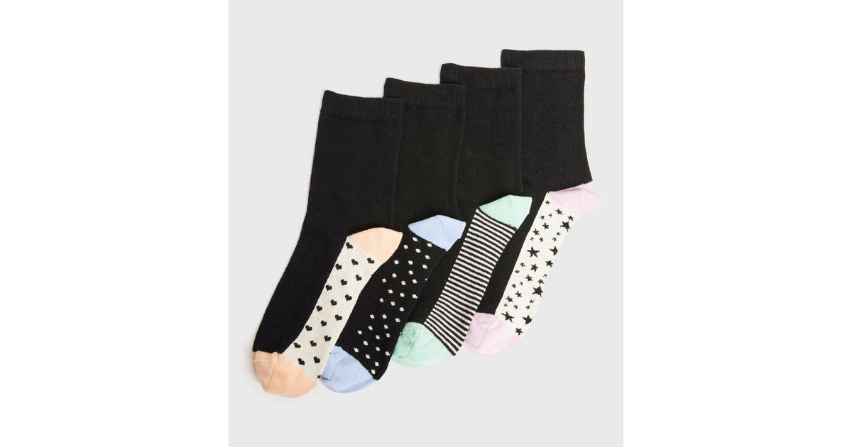 4 Pack Black Mixed Pattern Ankle Socks | New Look