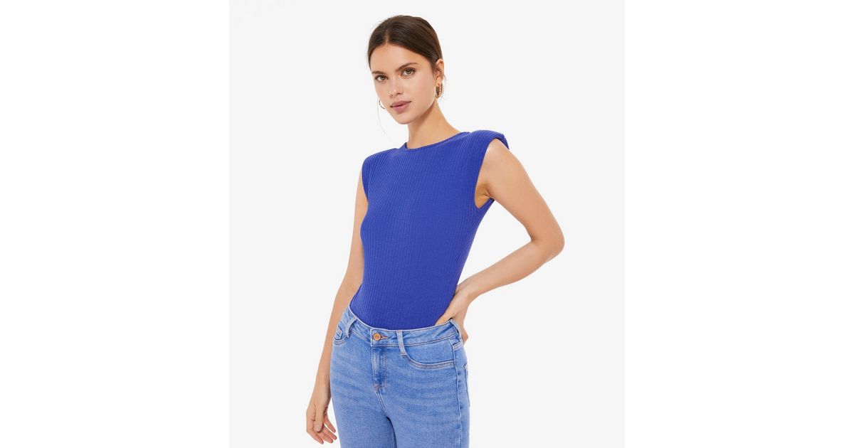 Blue Shoulder Pad Ribbed Bodysuit | New Look