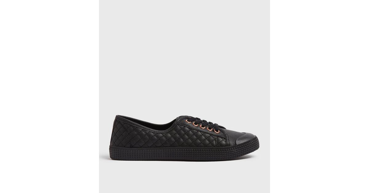 Black Quilted Leather-Look Trainers | New Look