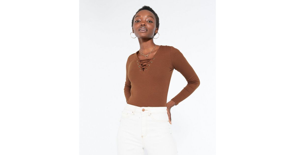 Rust Ribbed Lace Up Long Sleeve Top | New Look