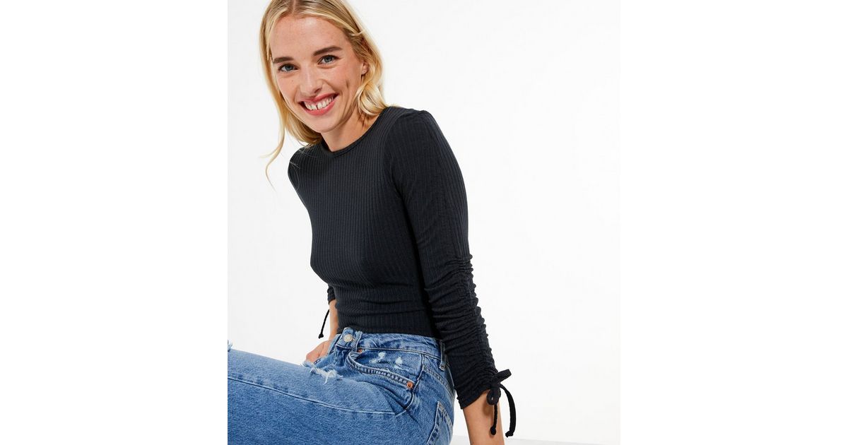 Black Ribbed Ruched Sleeve Bodysuit | New Look