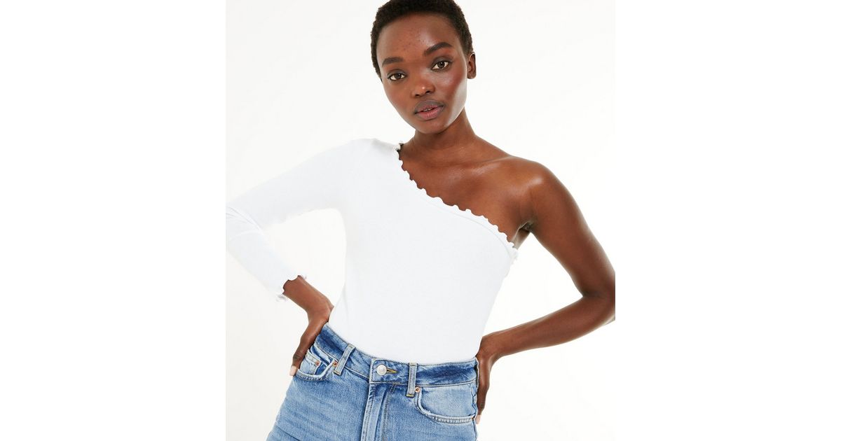 White Ribbed Frill One Shoulder Bodysuit | New Look