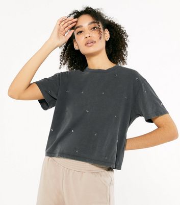 Dark Grey Star Embellished Crop Top | New Look