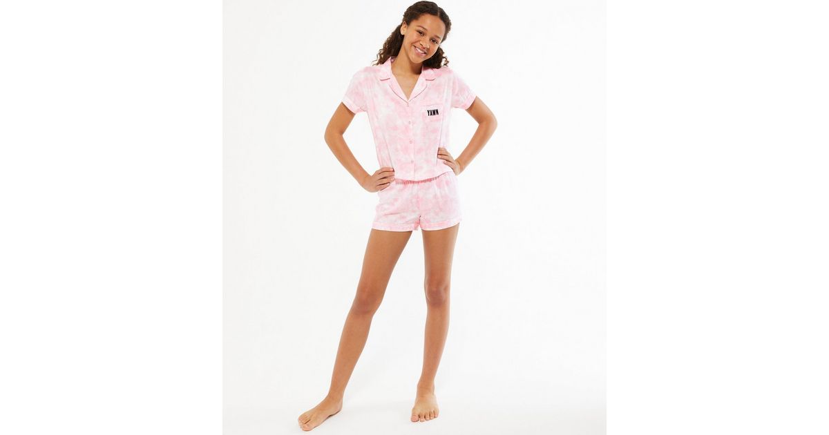 Girls Pink Tie Dye Yawn Logo Revere Short Pyjama Set | New Look