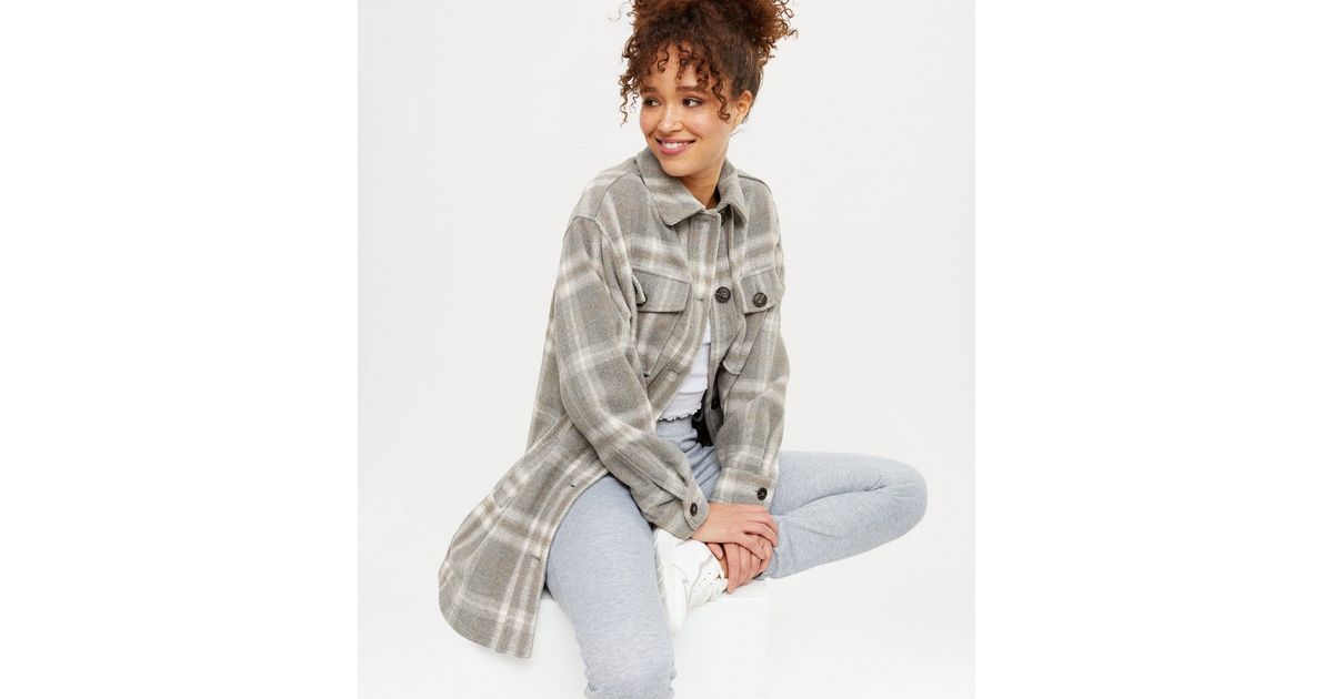 Light Grey Check Long Shacket | New Look