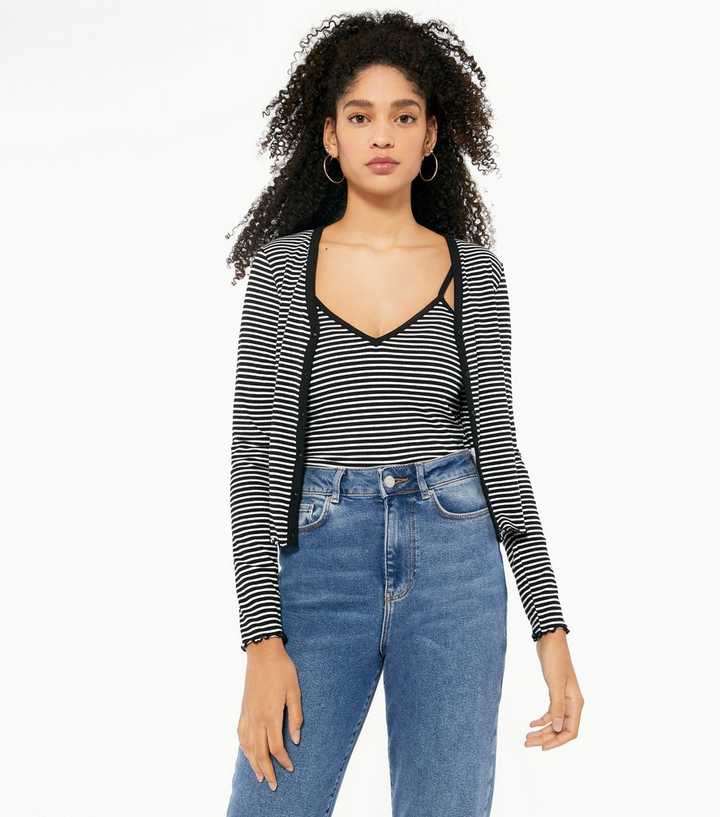 Black Stripe Cami and Cardigan Set | New Look