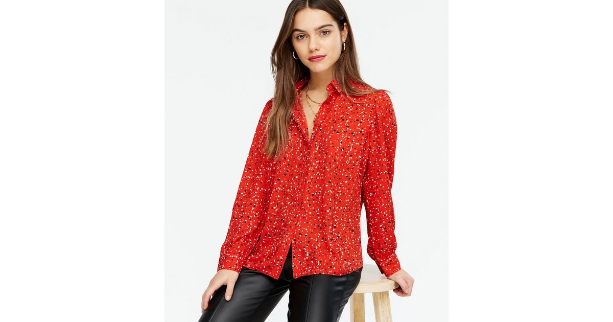 Petite Red Spot Print Button Up Shirt | New Look