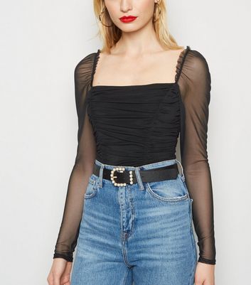 Black Ruched Mesh Sleeve Bodysuit | New Look