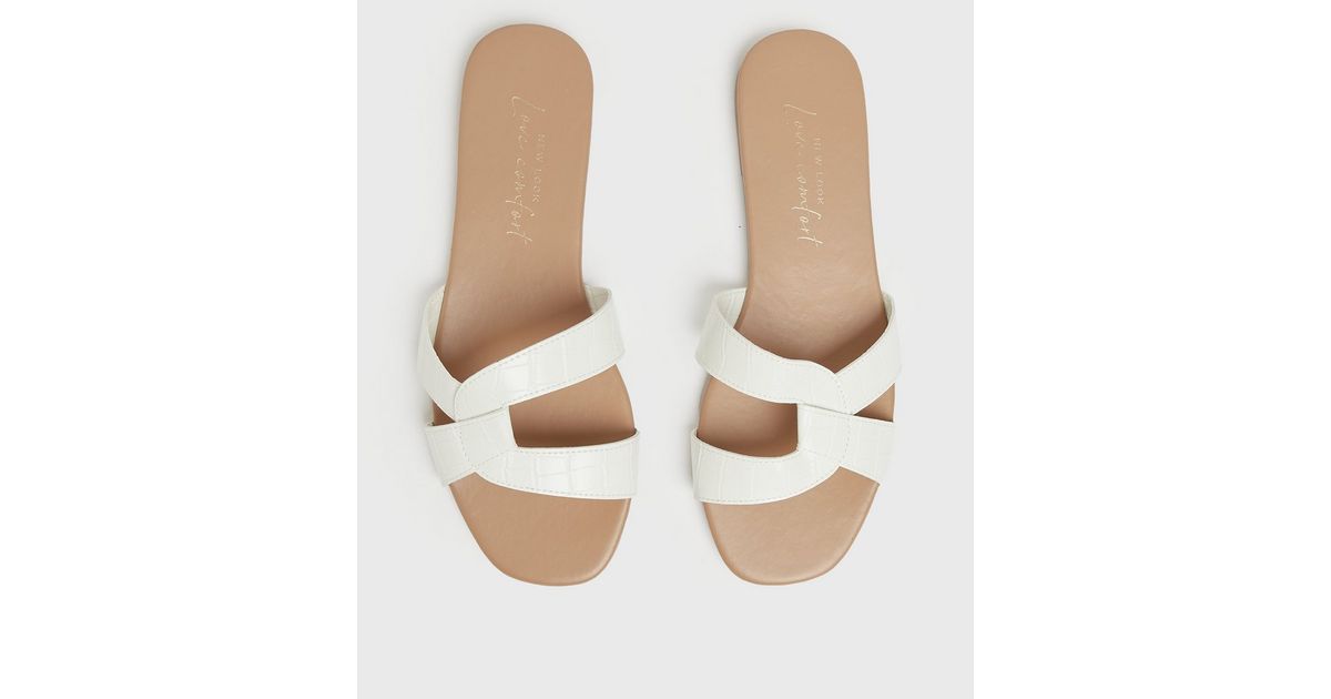 White Faux Croc Twist Strap Sliders | New Look