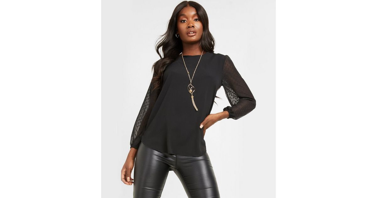 QUIZ Black Mesh Sleeve Top with Necklace | New Look