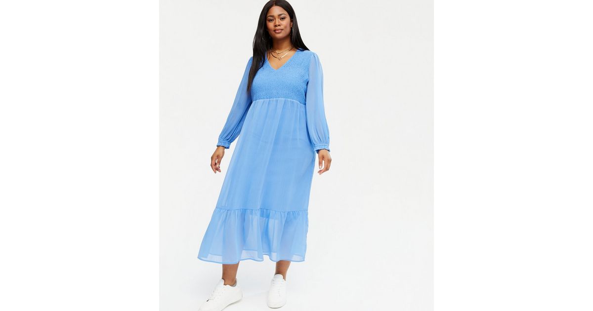 Curves Pale Blue Chiffon Tiered Midi Dress | New Look