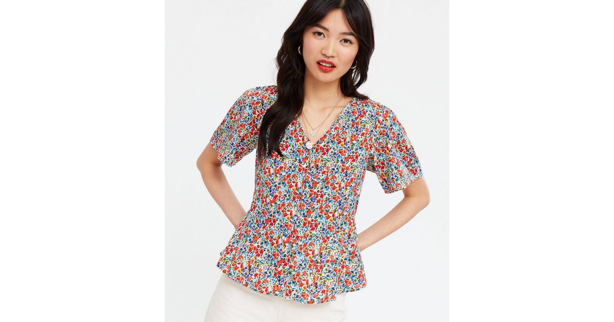 White Bright Floral Button Up Tea Blouse | New Look
