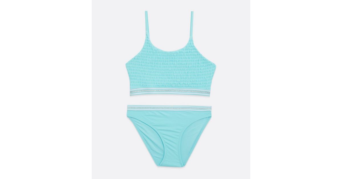 Girls Mint Green Shirred Glitter Trim Bikini Set | New Look