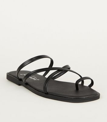 Black Leather-Look Toe Loop Strappy Sliders | New Look