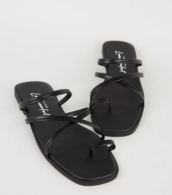 Black Leather-Look Toe Loop Strappy Sliders | New Look