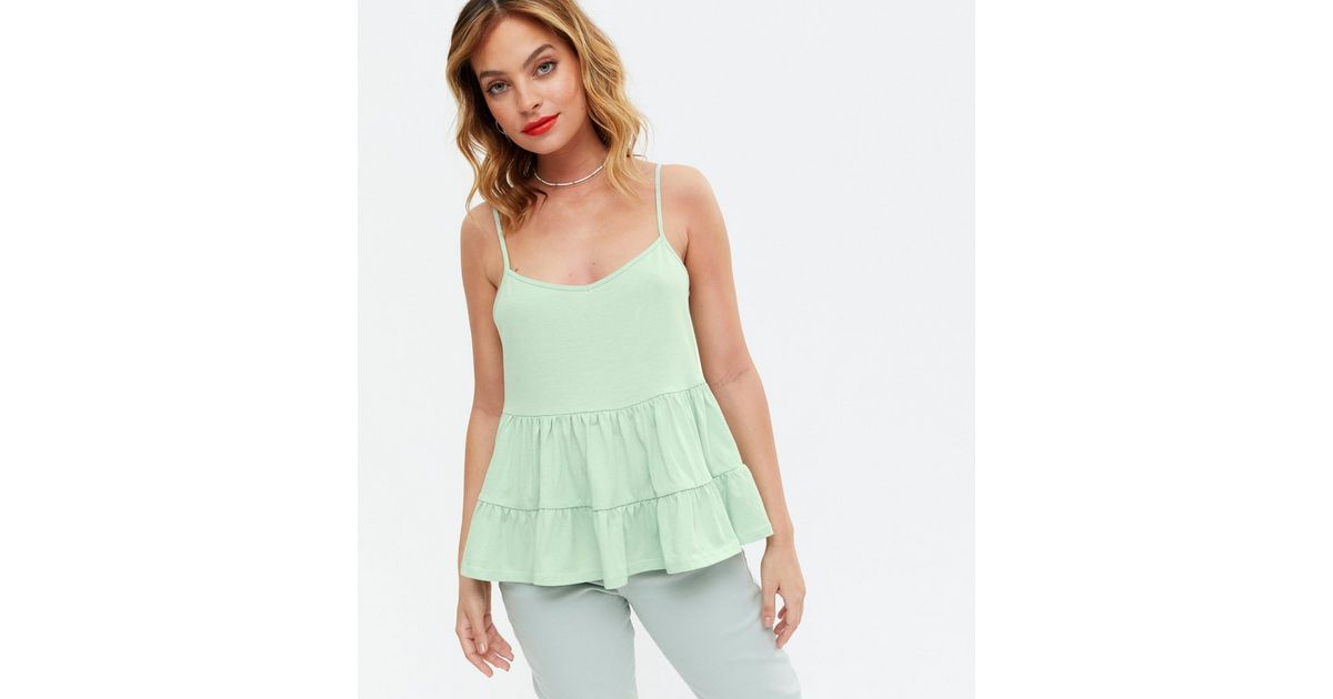 Petite Light Green Tiered Peplum Cami | New Look