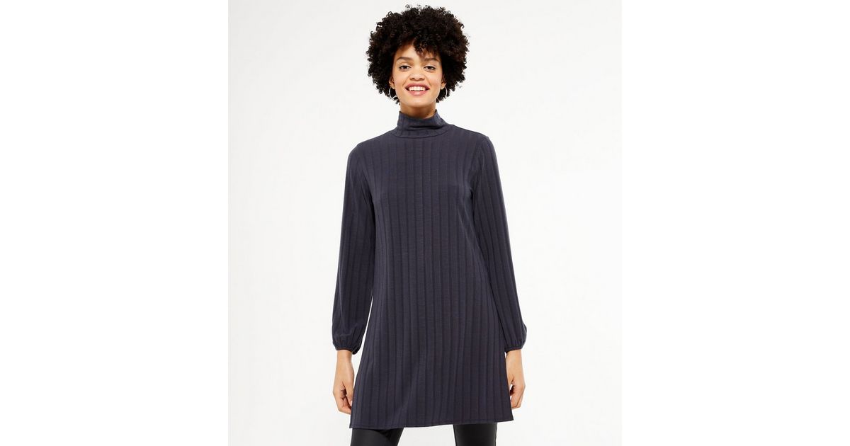 Dark Grey Ribbed High Neck Tunic | New Look