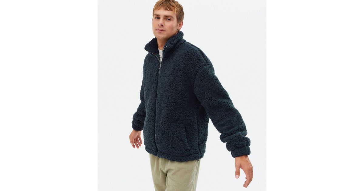 Navy Teddy High Neck Jacket | New Look