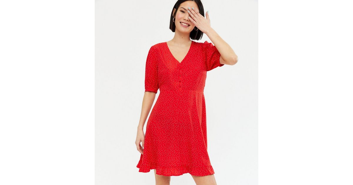 Red Spot Button Front Frill Mini Dress | New Look