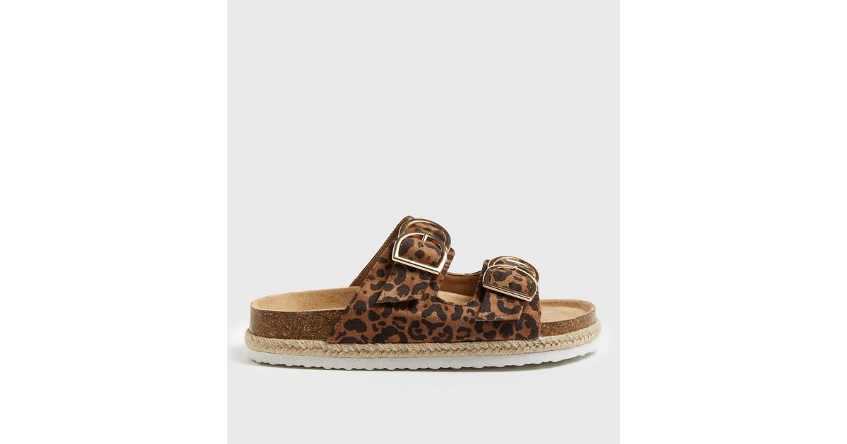 Wide Fit Stone Leopard Print Footbed Sliders | New Look