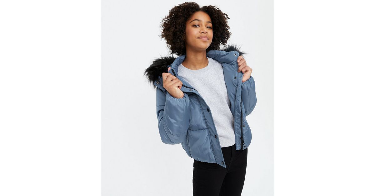 Girls Blue Faux Fur Hooded Puffer Jacket | New Look
