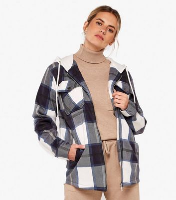 Apricot Navy Check Zip Hooded Shacket | New Look