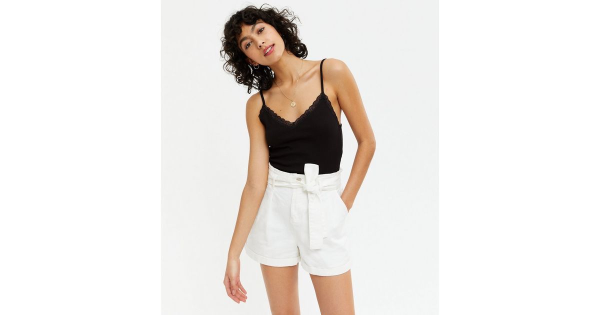 Black Ribbed Lace Trim Cami New Look