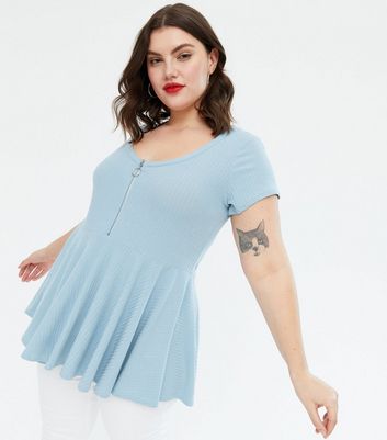 Curves Pale Blue Ribbed Zip Peplum Top | New Look