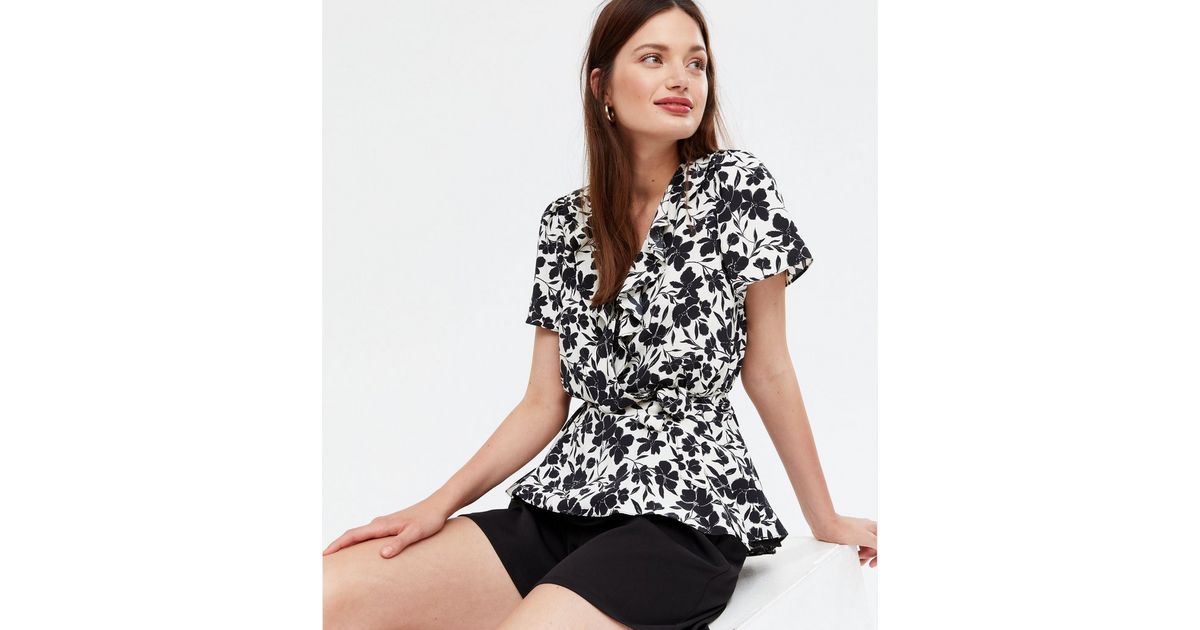 White Floral Ruffle Wrap Peplum Blouse | New Look