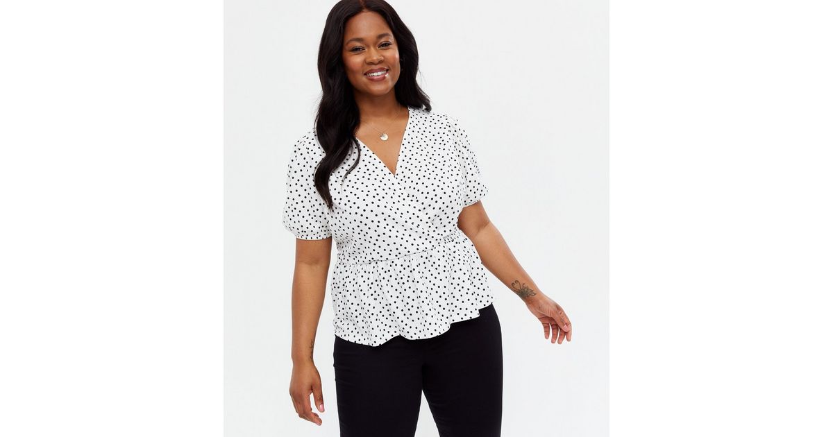 Curves White Spot Wrap Peplum Blouse | New Look