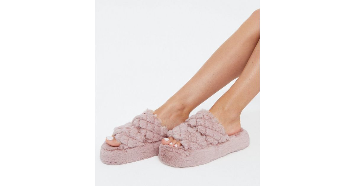 Pink Quilted Faux Fur Slider Slippers | New Look
