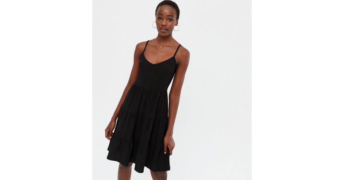 Tall Black Textured Jersey Strappy Tiered Sundress | New Look