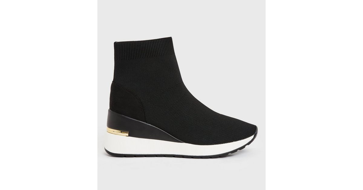 Black Knit Metal Trim Wedge Trainers | New Look