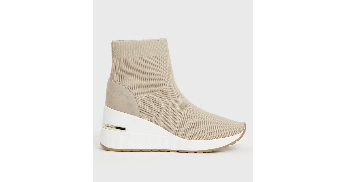 Light Brown Knit Metal Trim Wedge Trainers | New Look