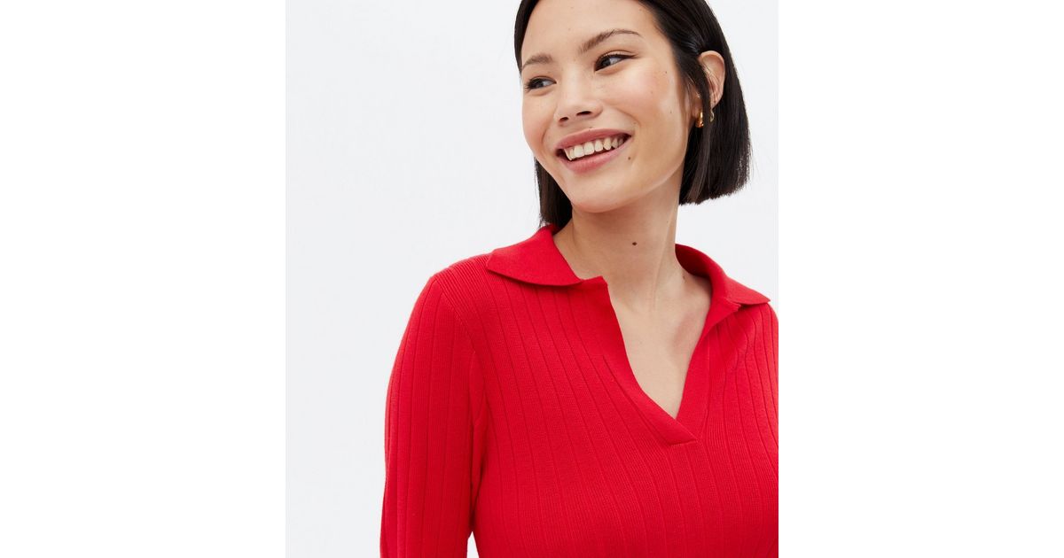 Red Ribbed Knit Long Sleeve Polo Top | New Look