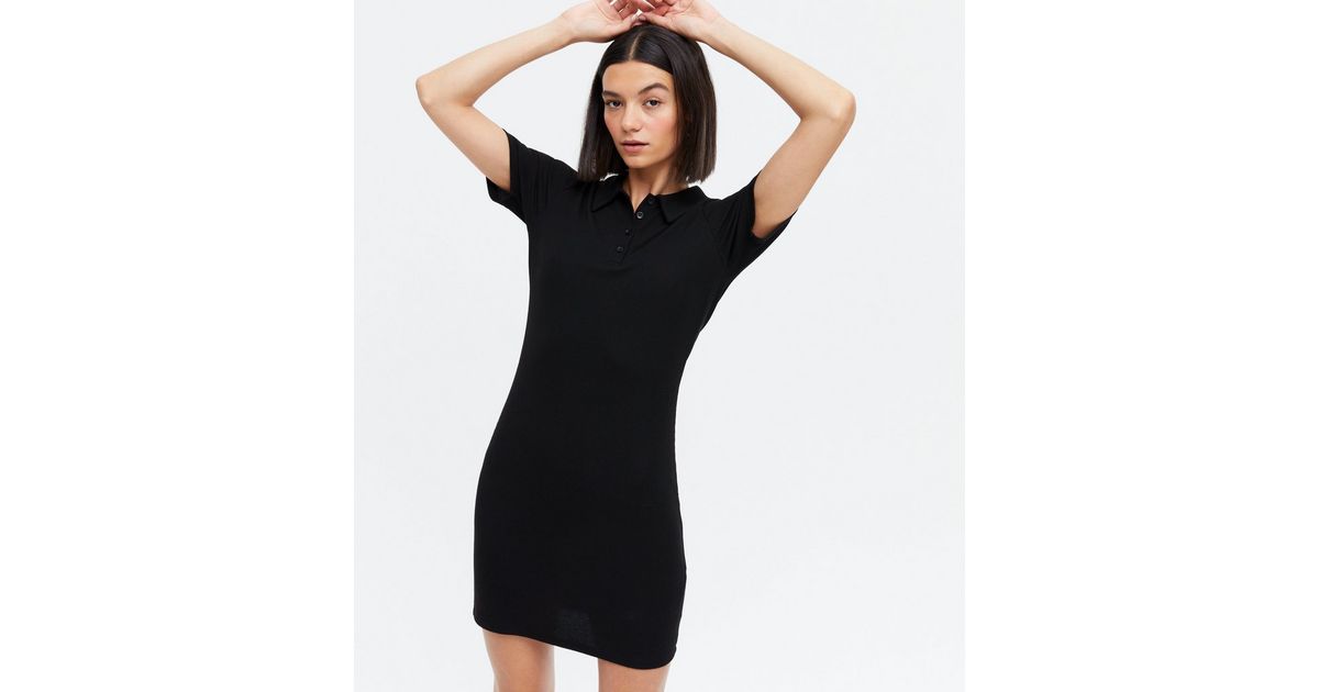 Black Ribbed Polo Mini Dress | New Look