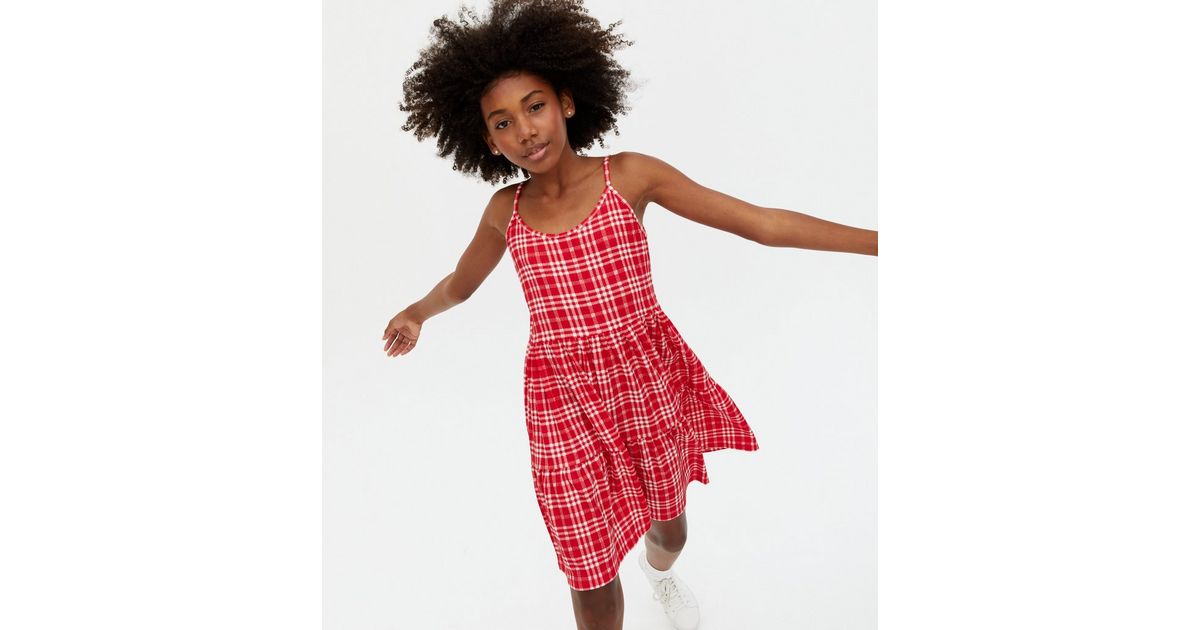 Girls Red Check Textured Tiered Mini Dress | New Look