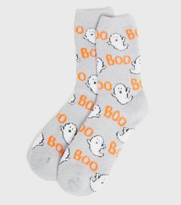 Grey Halloween Boo Ghost Fluffy Socks | New Look