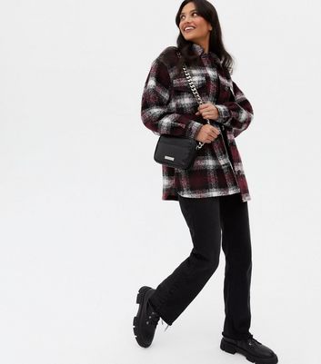 Burgundy Check Brushed Shacket | New Look