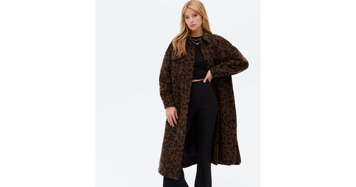 Brown Leopard Print Teddy Midi Shacket | New Look