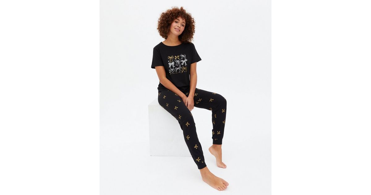Black Jogger Pyjama Set With Glitter Bow Print New Look
