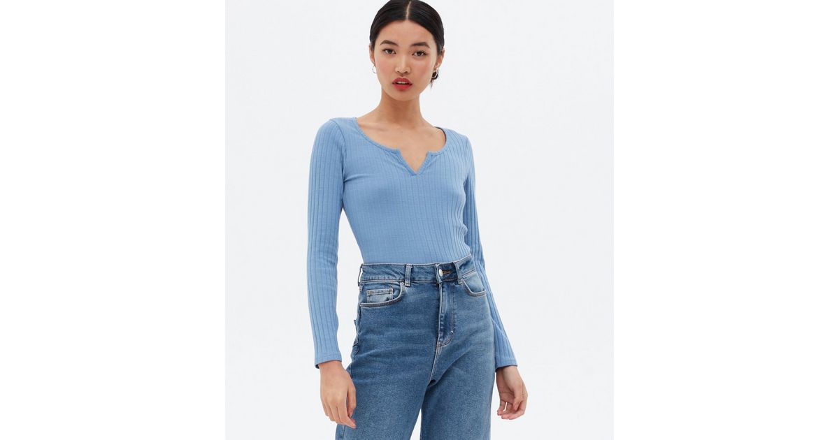 Blue Ribbed Long Sleeve Notch Neck Top | New Look