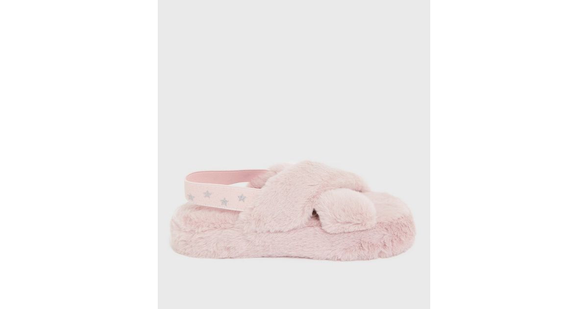 Girls Pink Star Faux Fur Chunky Slider Slippers | New Look