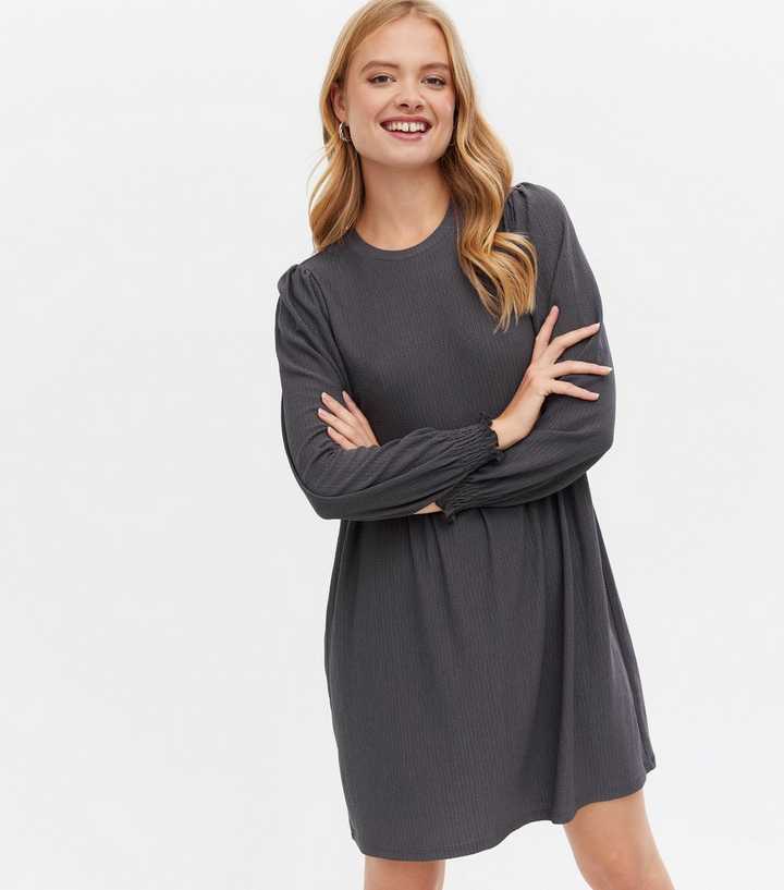 Dark Grey Crinkle Jersey Long Sleeve Mini Oversized Smock Dress | New Look