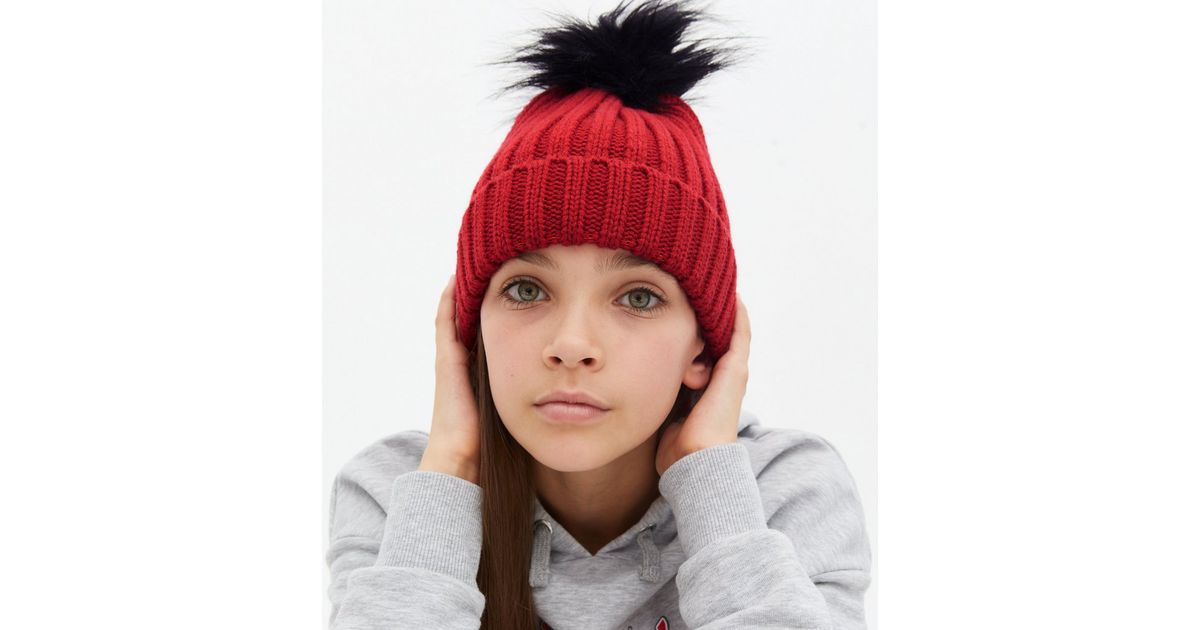 Girls Red Ribbed Bobble Hat | New Look